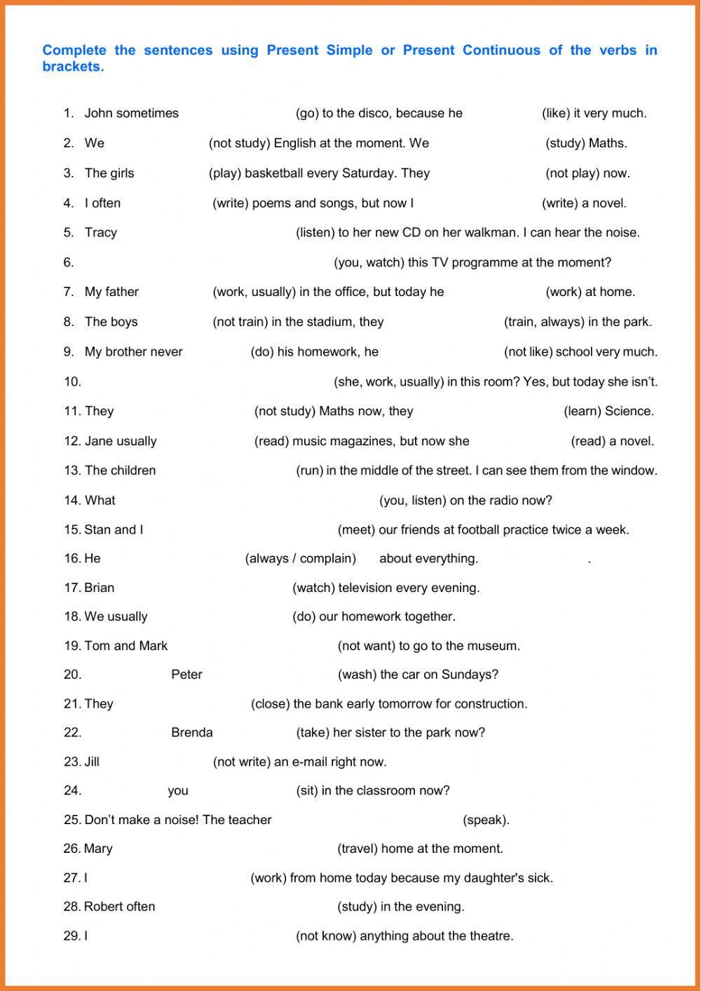 Present Simple Vs Present Continuous Test English Esl