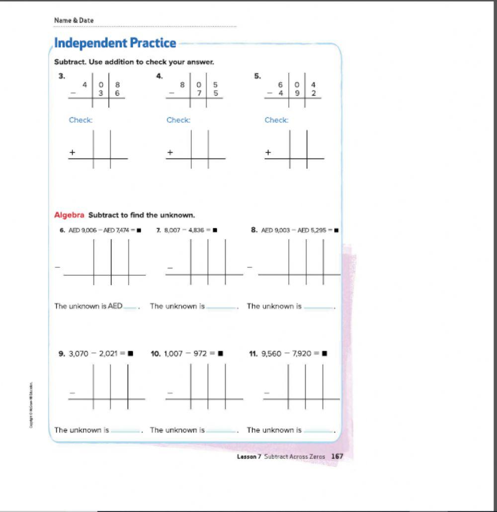 Lesson 7 Subtract Across Zeros worksheet | Live Worksheets