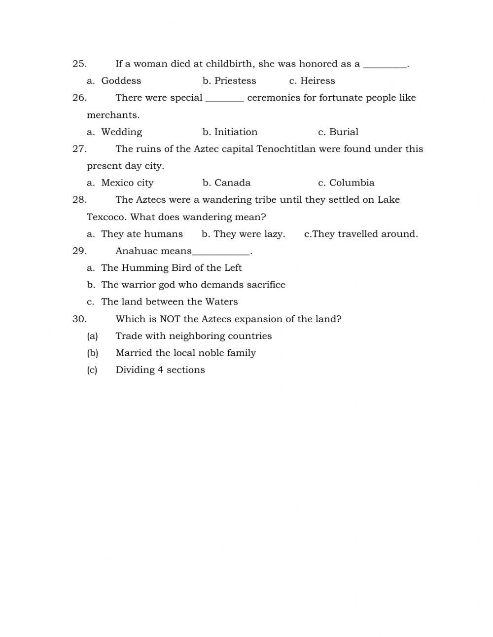 The Aztecs | Free Interactive Worksheets | 412815