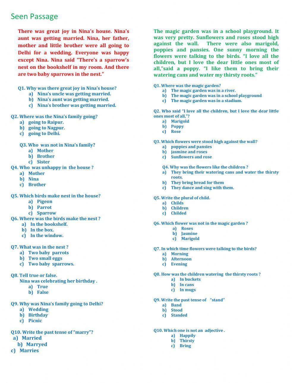 Seen passage class 3 unit 1&2 worksheet | Live Worksheets