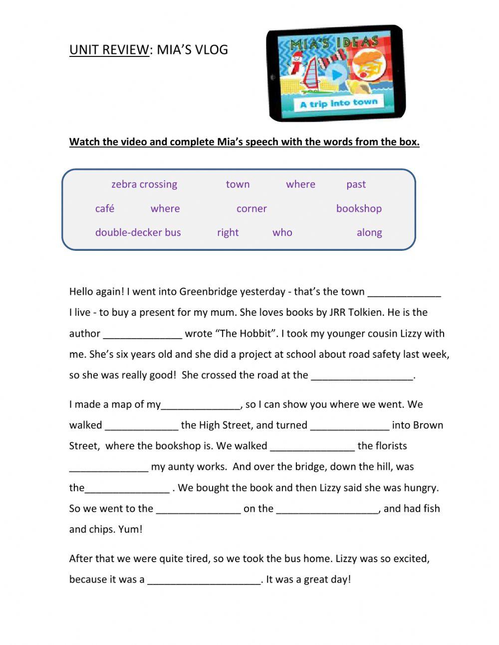Unit review - Mia's vlog worksheet | Live Worksheets