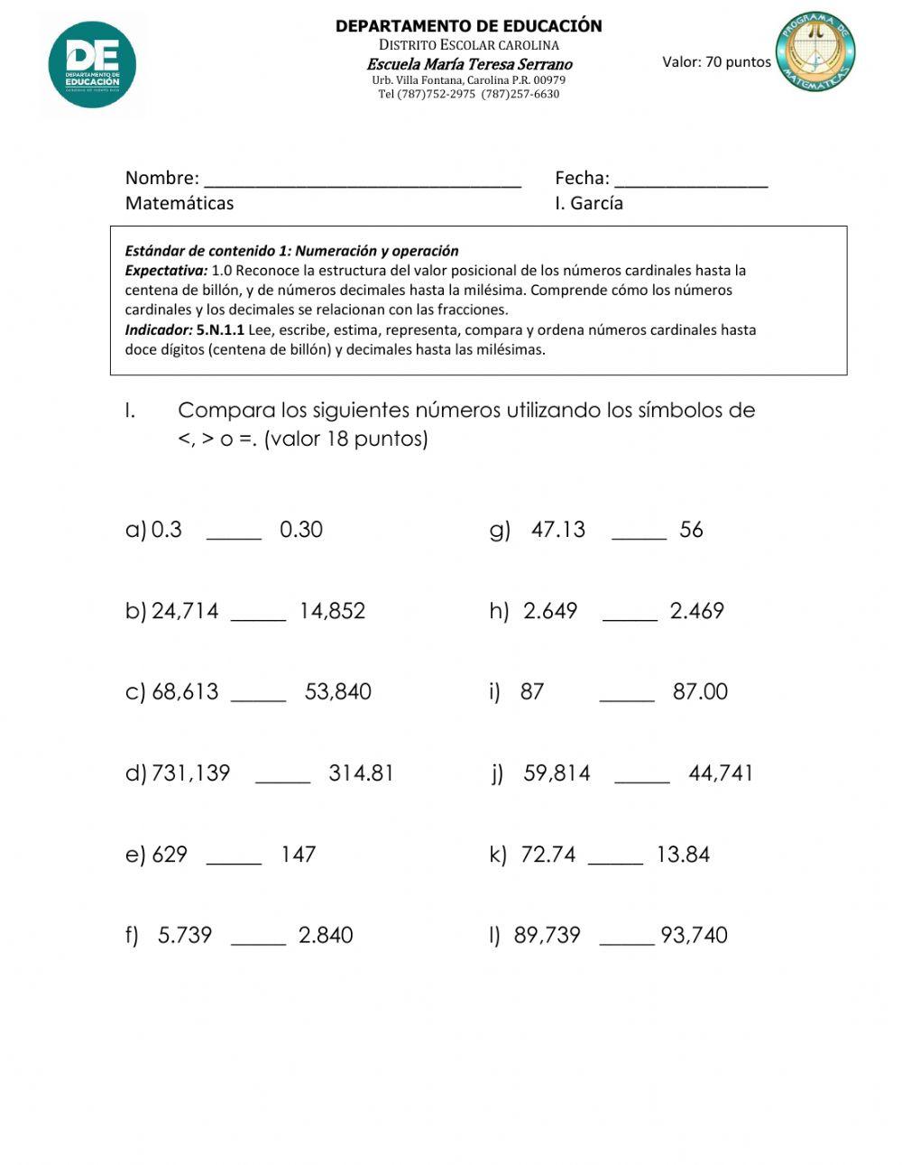 EXAMEN 5TO: Comparar, ordenar y redondear números enteros