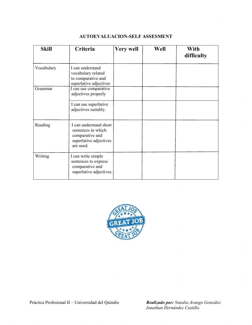 Guide - 6 self assesment worksheet | Live Worksheets