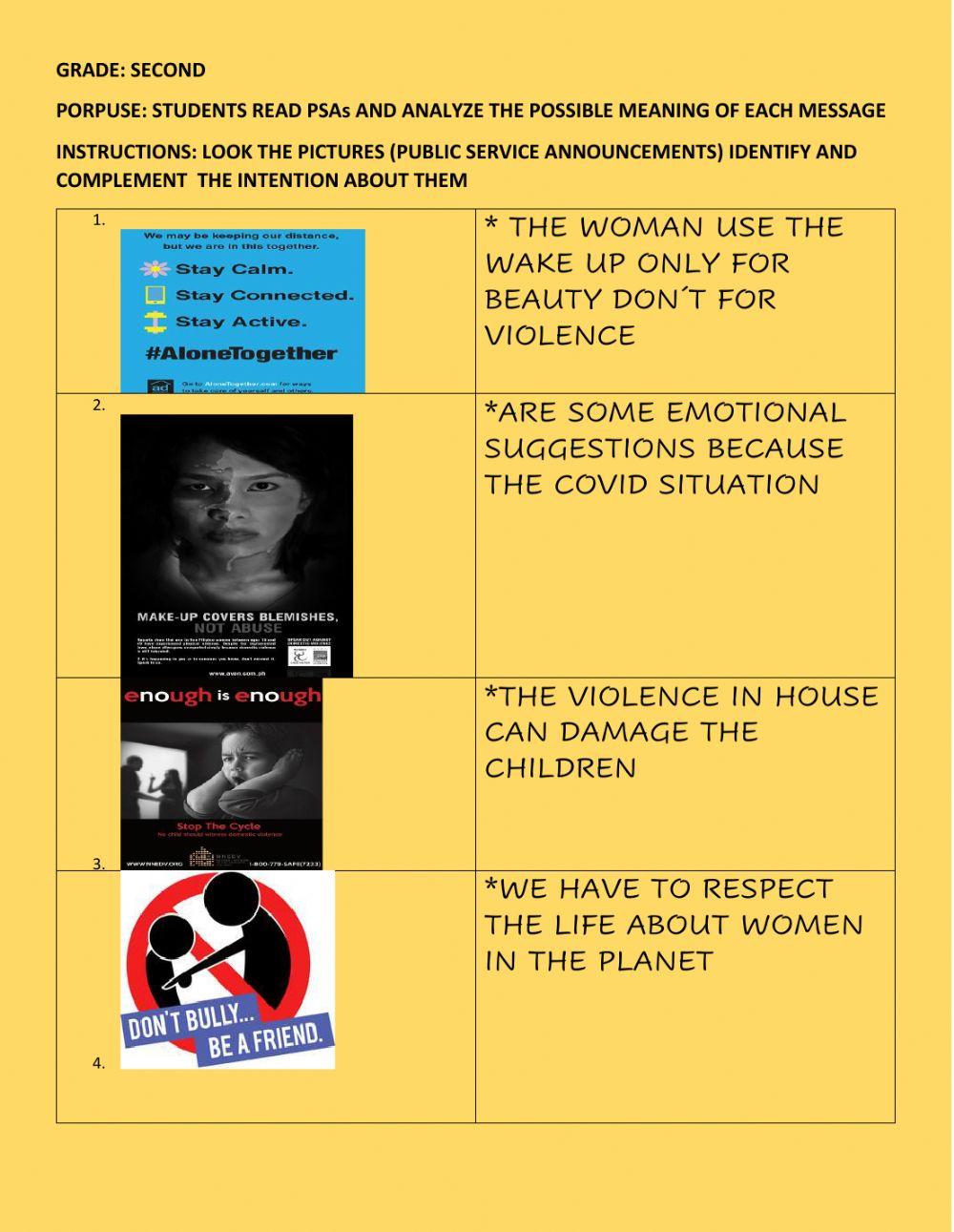 PSAs worksheet | Live Worksheets