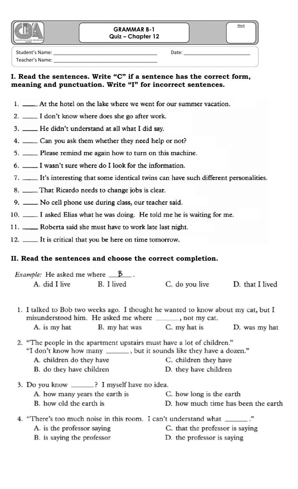 GRAMMAR B1 - QUIZ UNIT 12 online exercise for | Live Worksheets