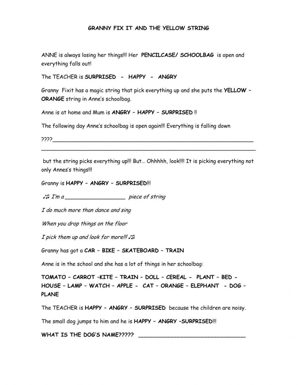 Granny Fixit and the yellow string interactive worksheet | Live Worksheets