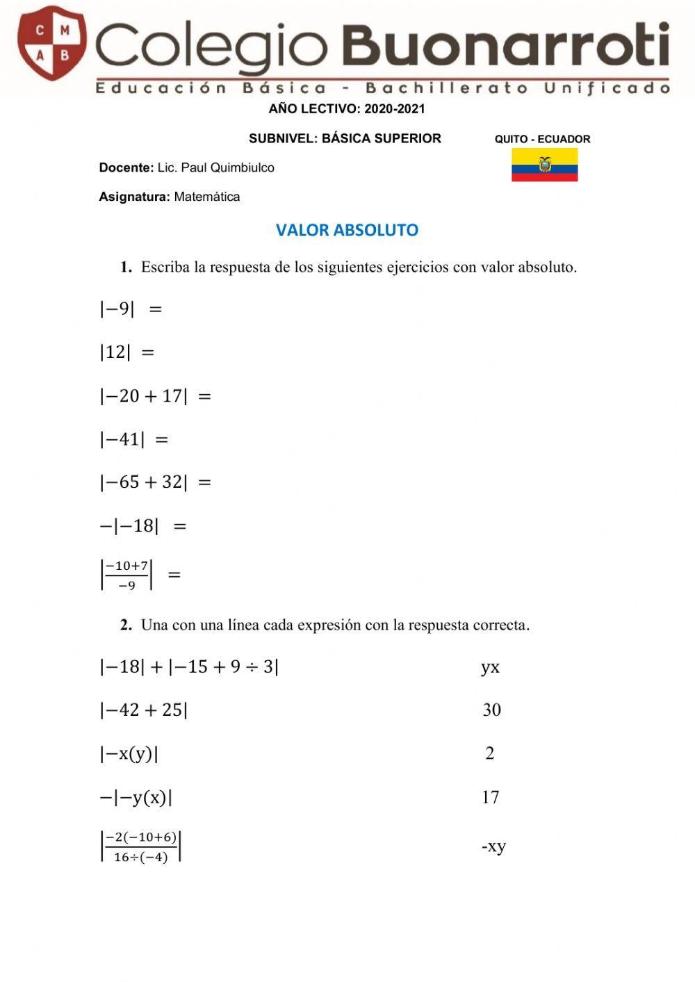Valor Absoluto | Free Interactive Worksheets | 416537