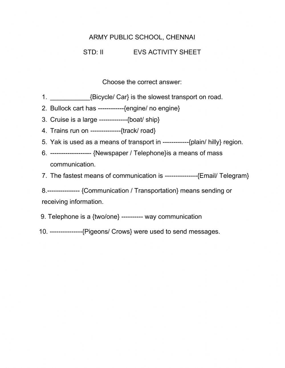 Evs interactive worksheet for Grade 2 | Live Worksheets