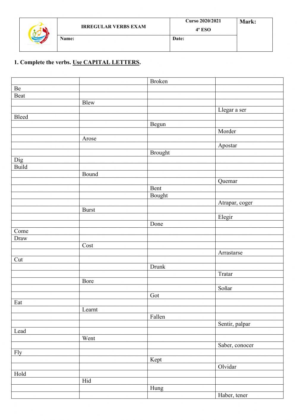 FINAL IRREGULAR VERBS EXAM online exercise for | Live Worksheets