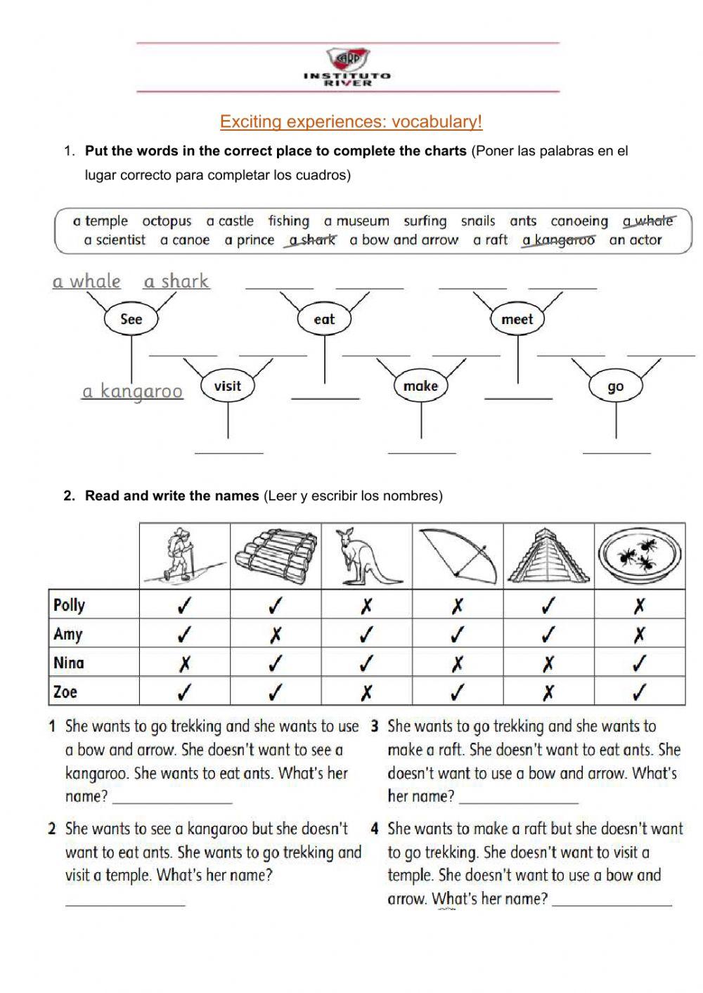 Exciting experiences: vocabulary online exercise for | Live Worksheets