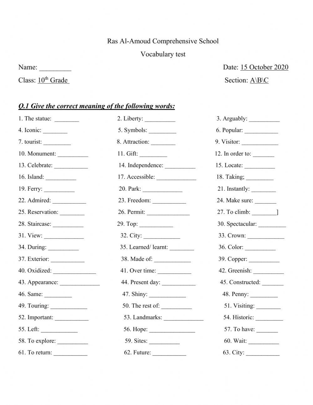 The Statue of Liberty (Vocabulary test) 4339497 | Aya abu