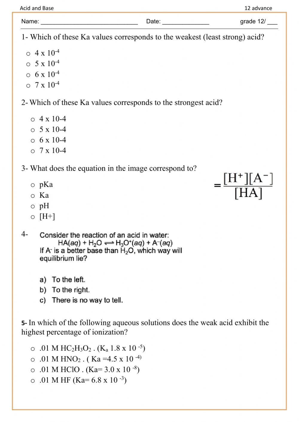 acid ionization constant online exercise for | Live Worksheets