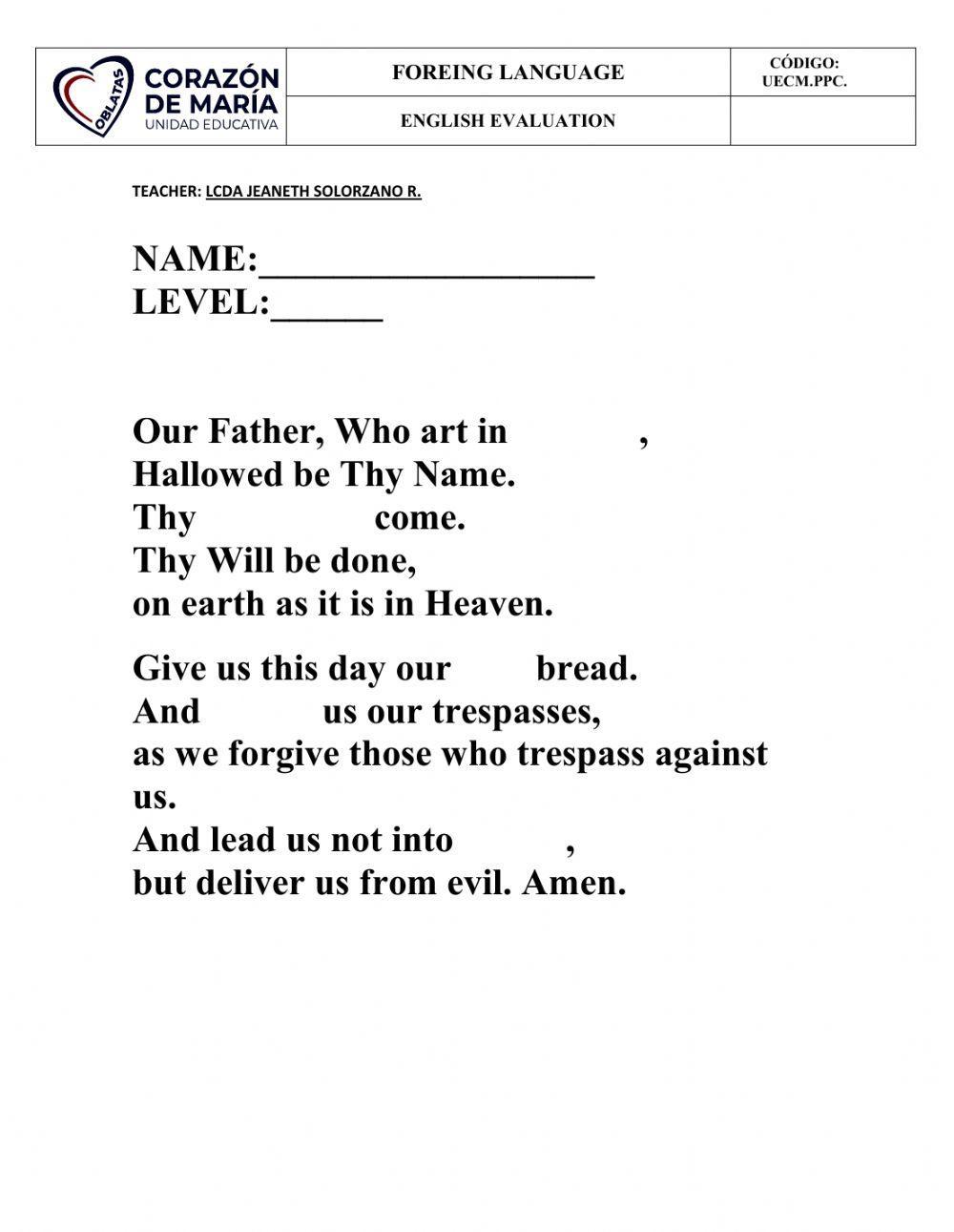 Our father activity | Live Worksheets