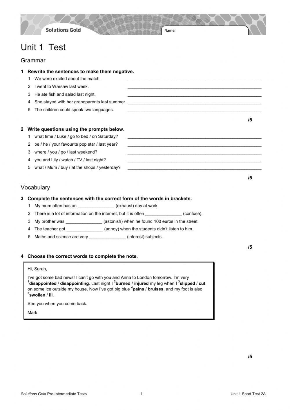 Solutions pre unit 1 online exercise for | Live Worksheets
