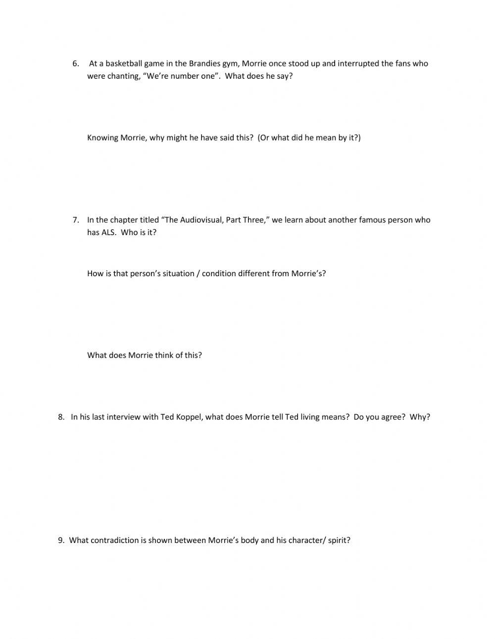 Tuesdays with Morrie Guide 152-170 interactive worksheet | Live Worksheets