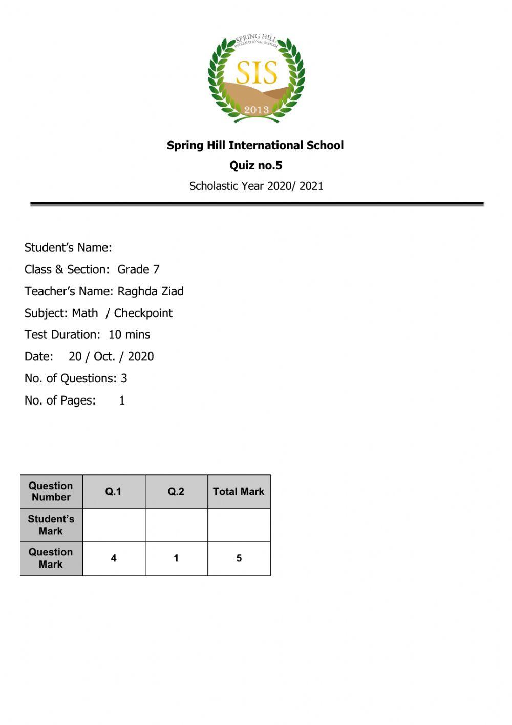 Math quiz worksheet for 7 | Live Worksheets
