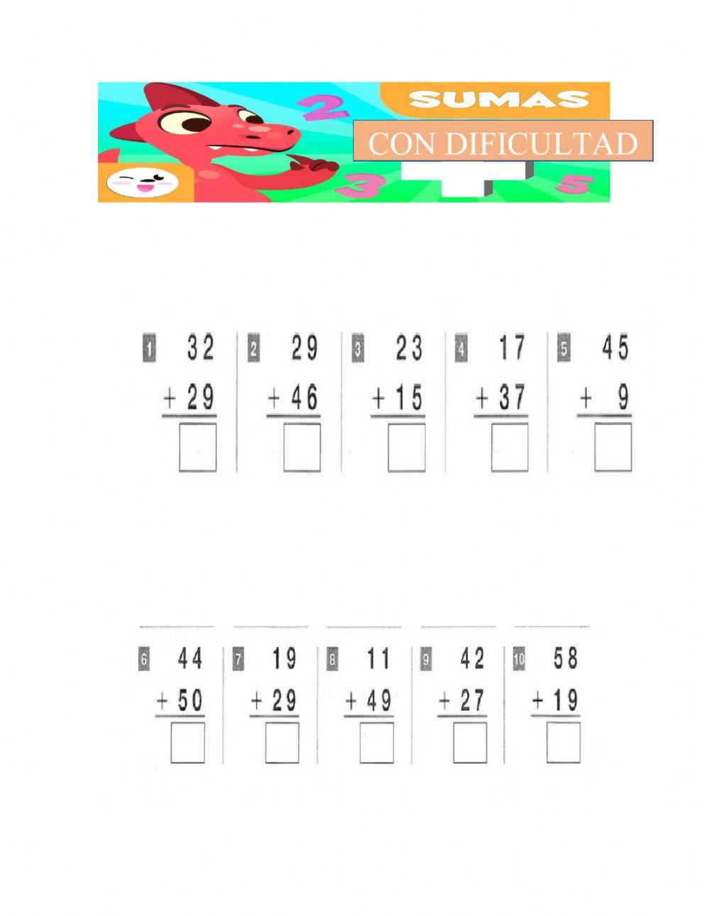 Sumas con dific… | Free Interactive Worksheets | 427590