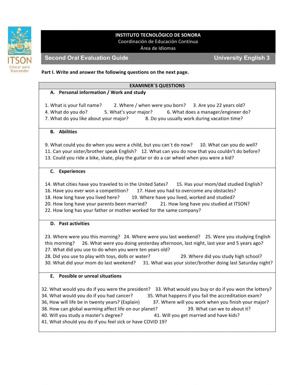 2nd Oral Evaluation worksheet | Live Worksheets