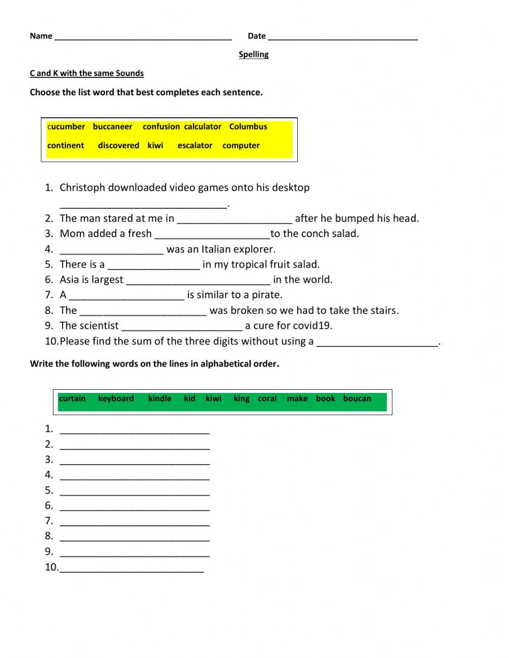 C and K with the same sounds worksheet | Live Worksheets