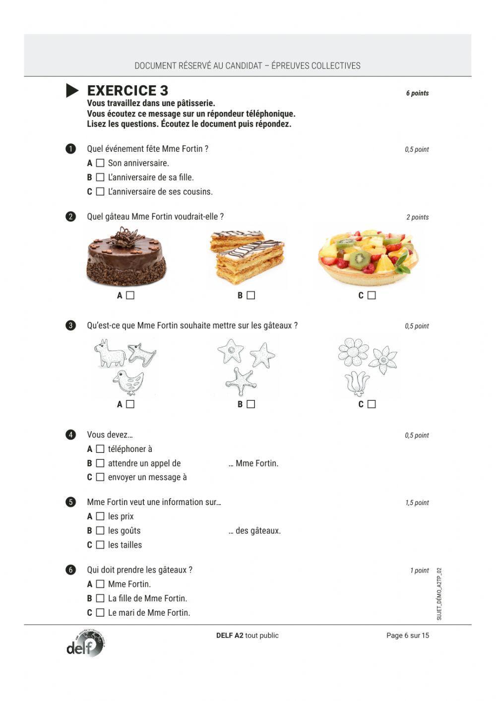 DELF A2 Sujet 6 | Free Interactive Worksheets | 429089