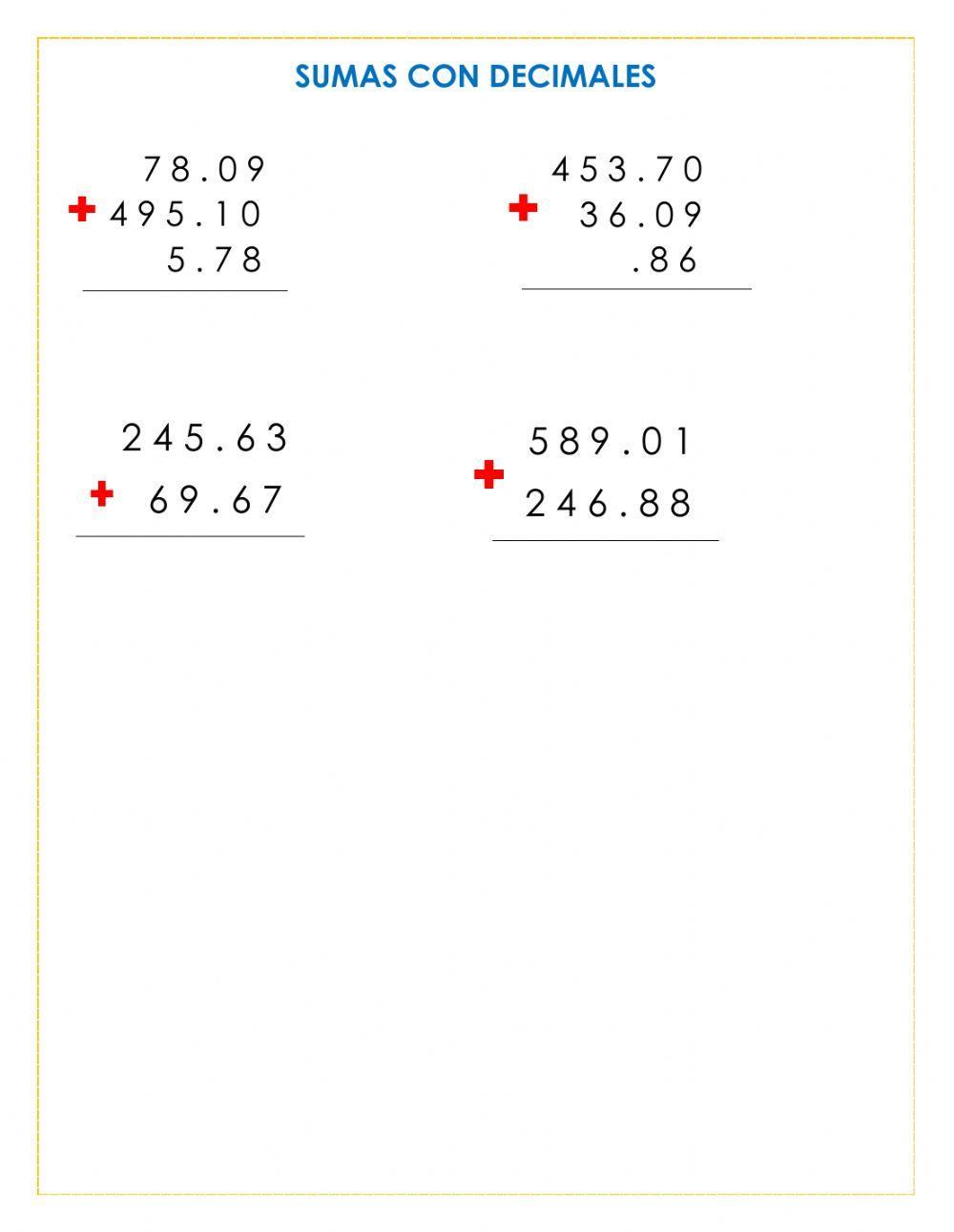Sumas con decim… | Free Interactive Worksheets | 429343