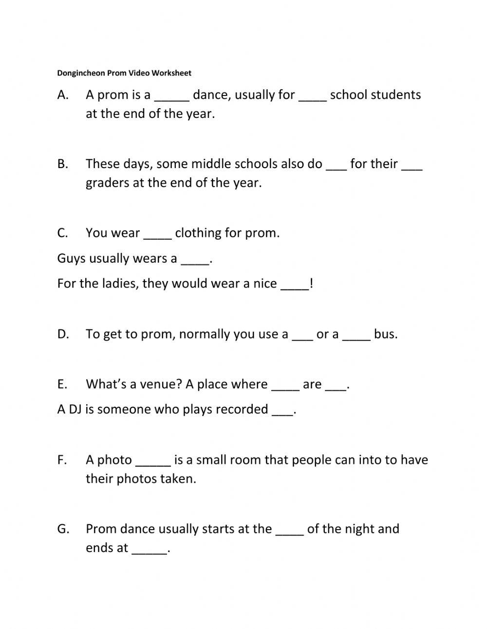Video Worksheet - Prom worksheet | Live Worksheets