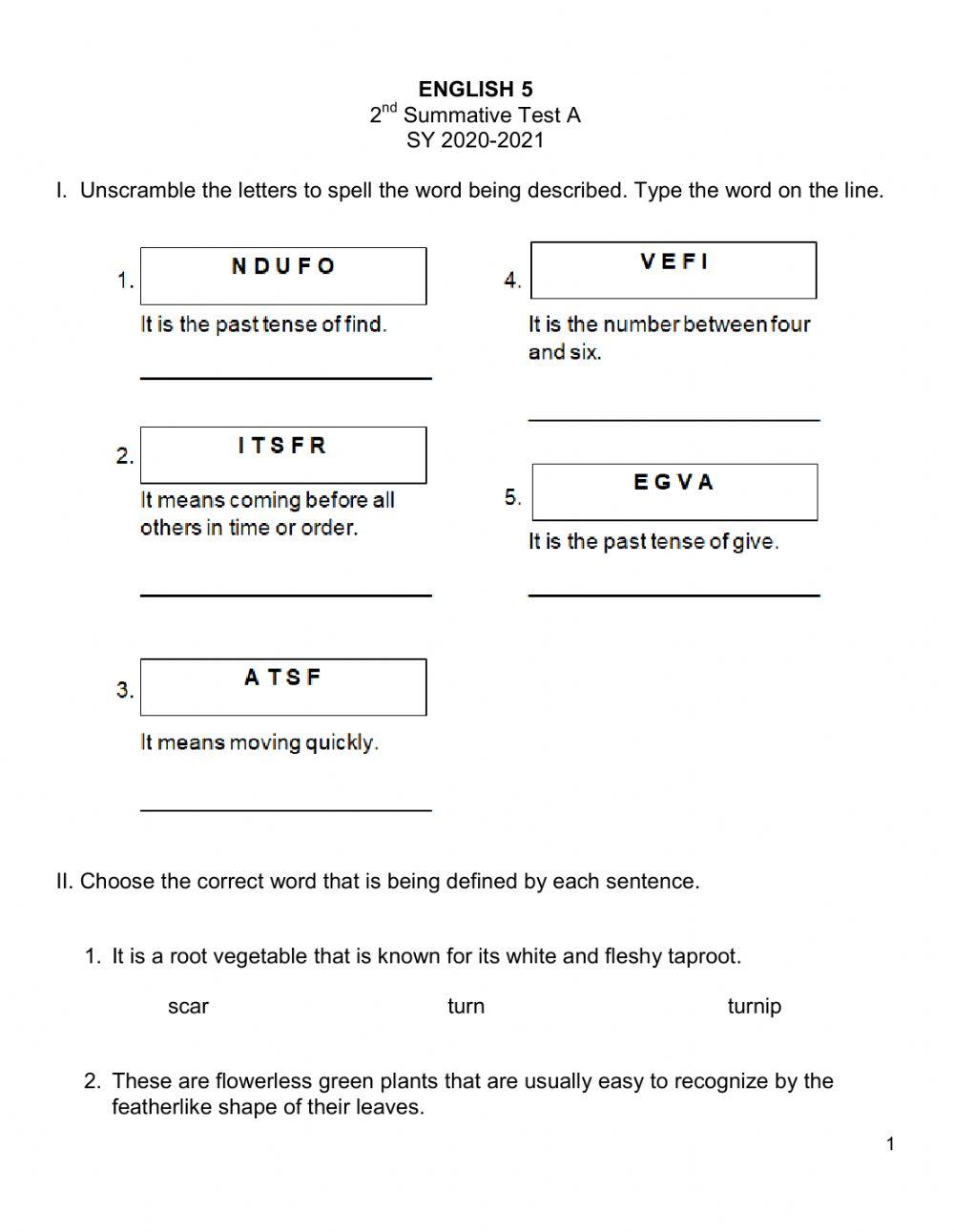 English 5 2nd Qtr ST A worksheet | Live Worksheets