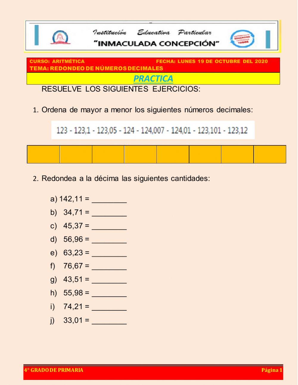 Redondeando números decimales worksheet | Live Worksheets