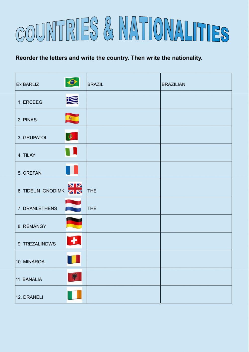 Countries and nationalities online activity for Grade 6 | Live Worksheets