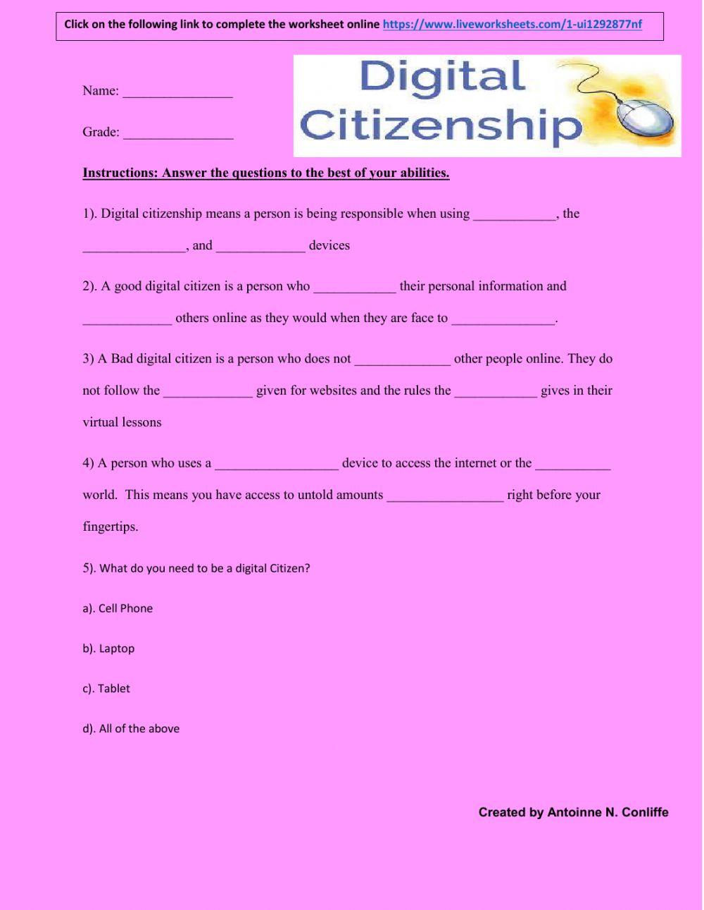 Digital Citizen Interactive Worksheet Grade 6b 6096267