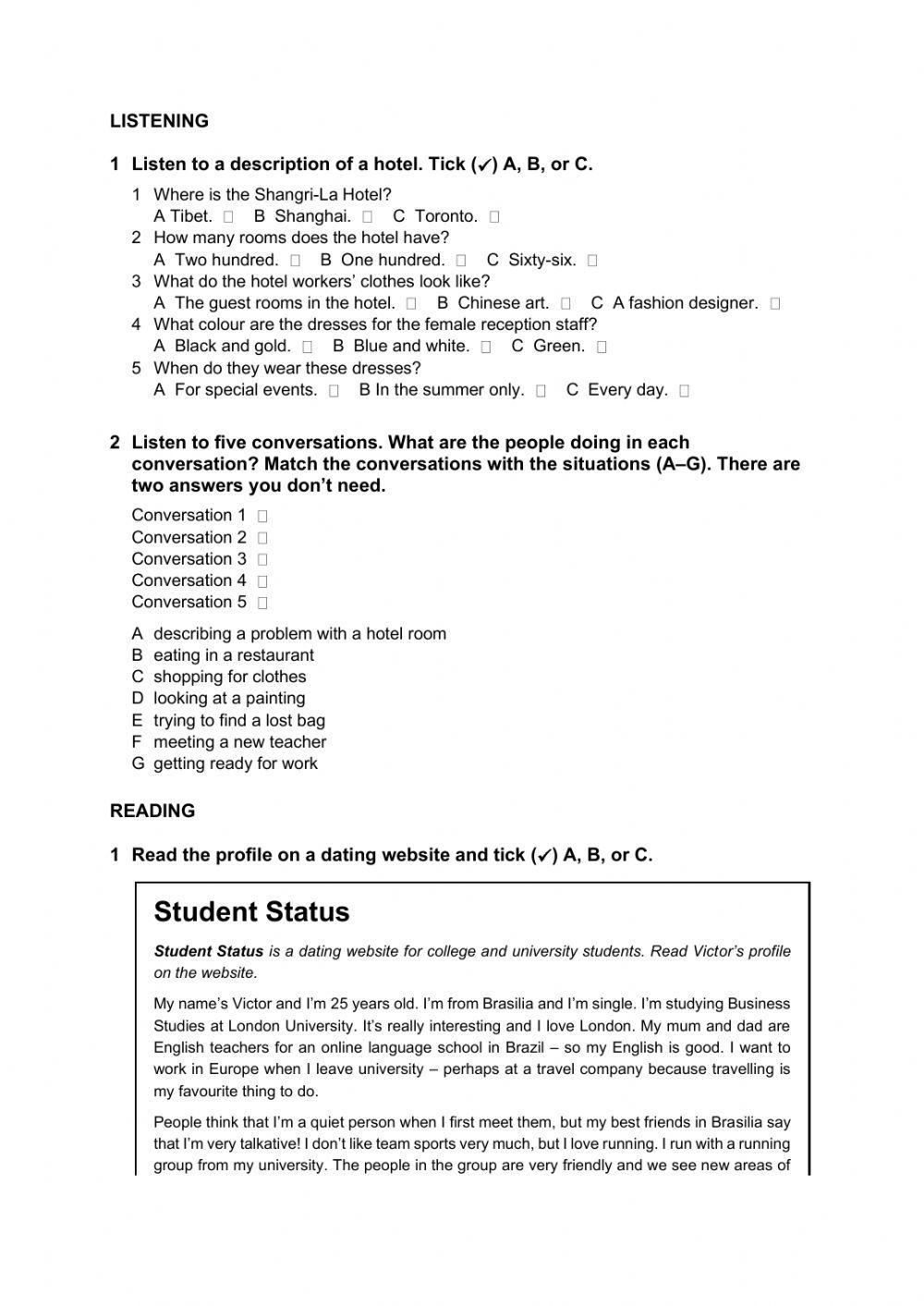 Reading and listening activity for pre-intermediate | Live Worksheets