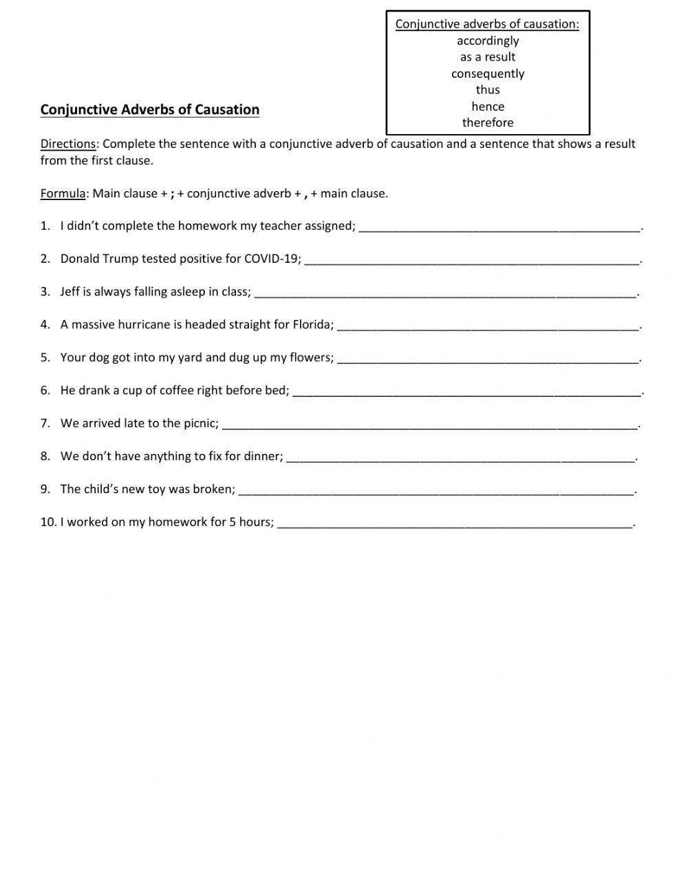conjunctive adverbs exercises