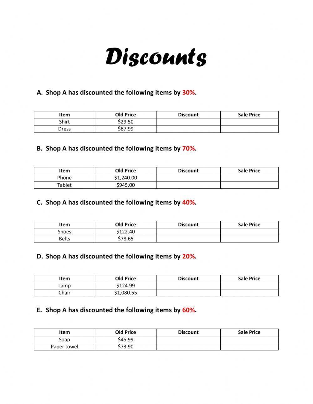 Discounts Worksheet Live Worksheets discounts-worksheet-live-worksheets