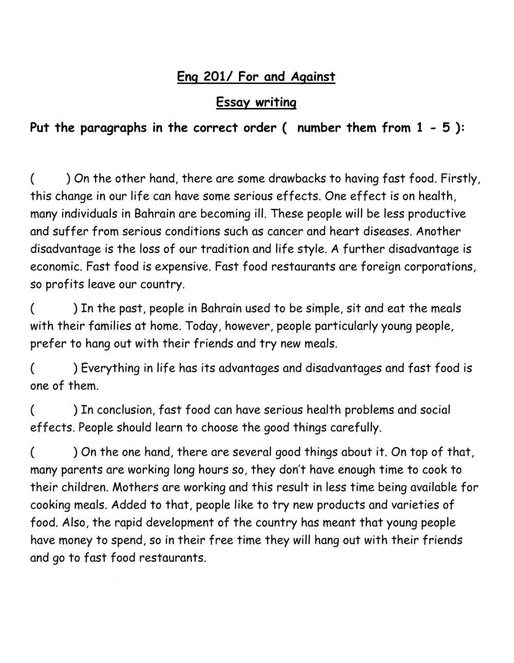 essay Eng 201 for and AGAINST worksheet | Live Worksheets