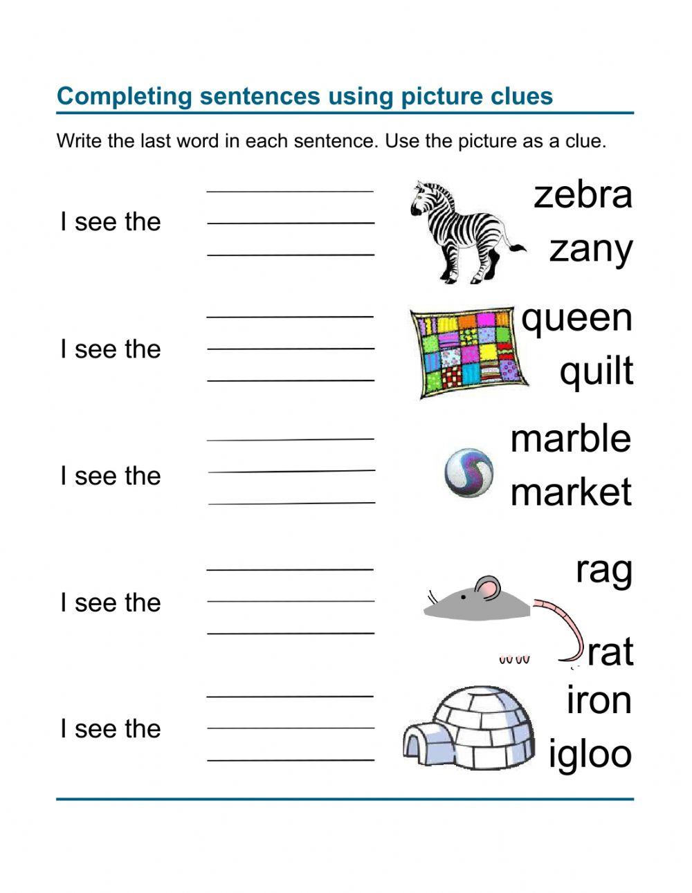 Reading Comprehension - complete the sentences 4 (KG-Gr1) worksheet ...