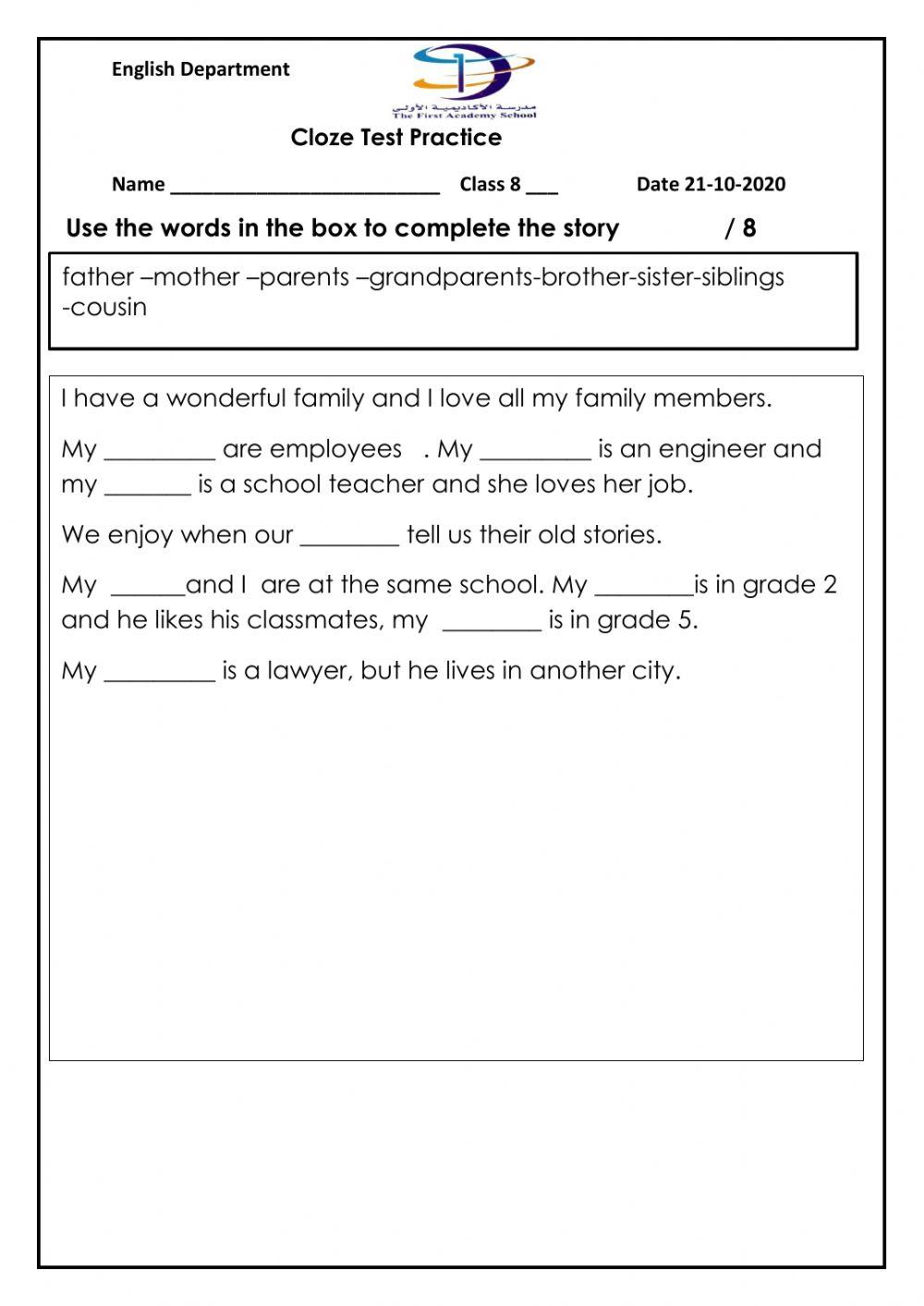 Cloze test practice 2 435002 | INSAFKHALED | Live