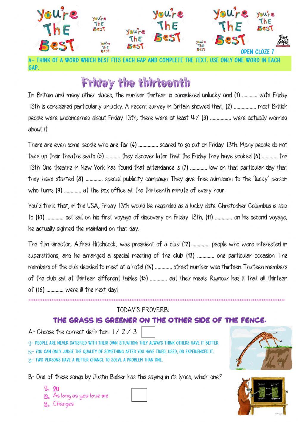 Open cloze 7+ Proverb worksheet | Live Worksheets