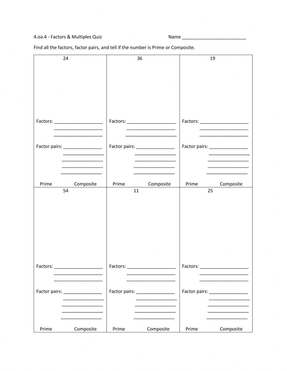 4.OA.4 Factors - Multiples Quiz online exercise for | Live Worksheets