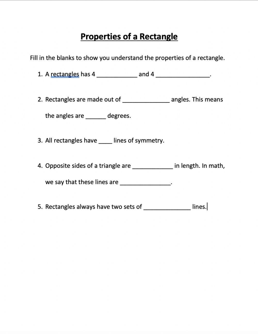 rectangle properties worksheet