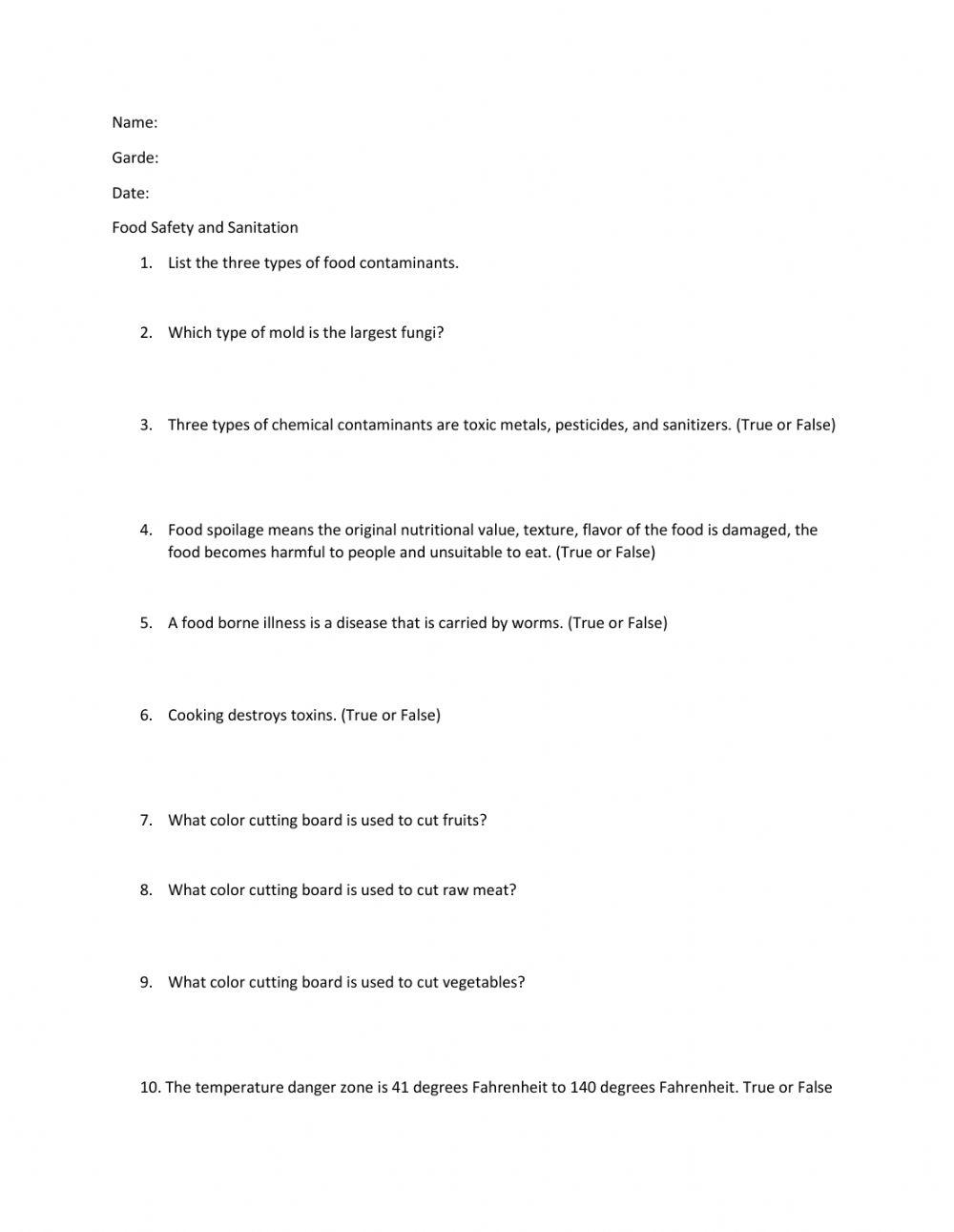 Food Safety and… | Free Interactive Worksheets | 436518