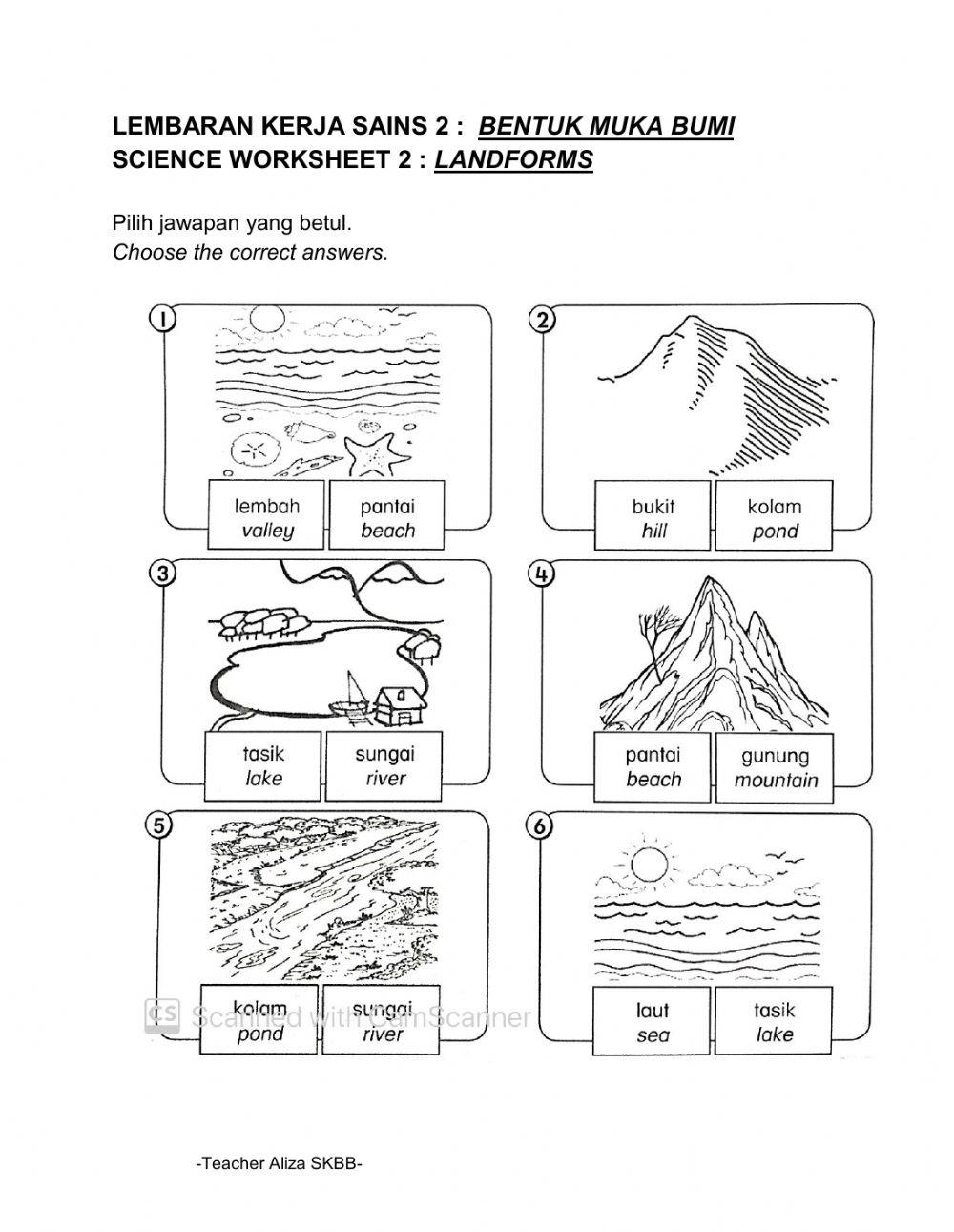 LATIHAN SAINS TAHUN 1 ( Bentuk Muka Bumi - Landforms ) 2 online exercise for | Live Worksheets
