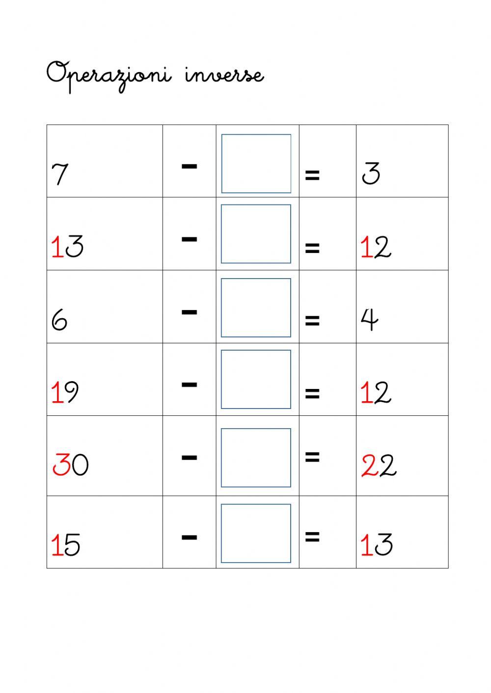 Operazioni inverse online exercise | Live Worksheets