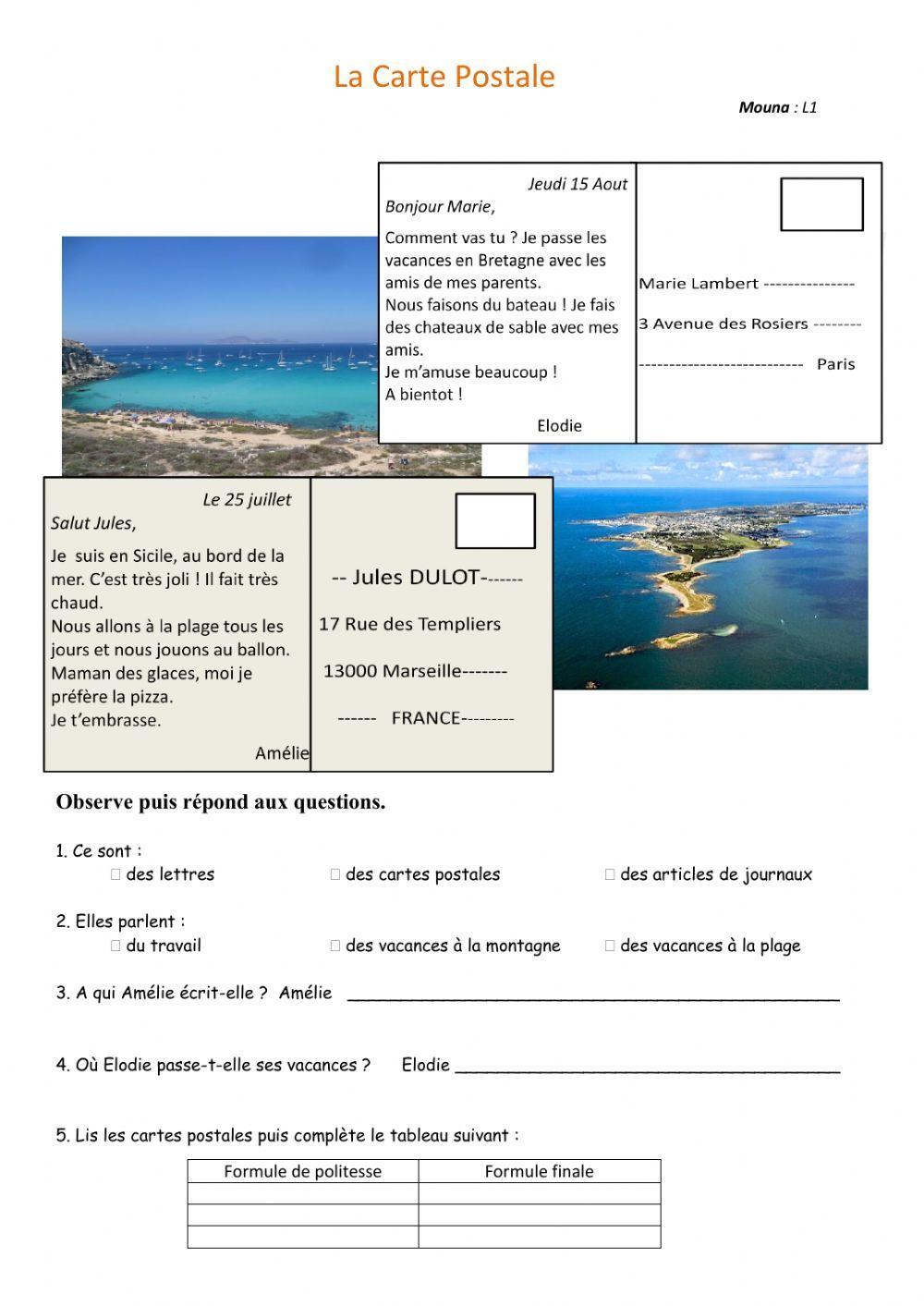 La carte postale | Free Interactive Worksheets | 437636