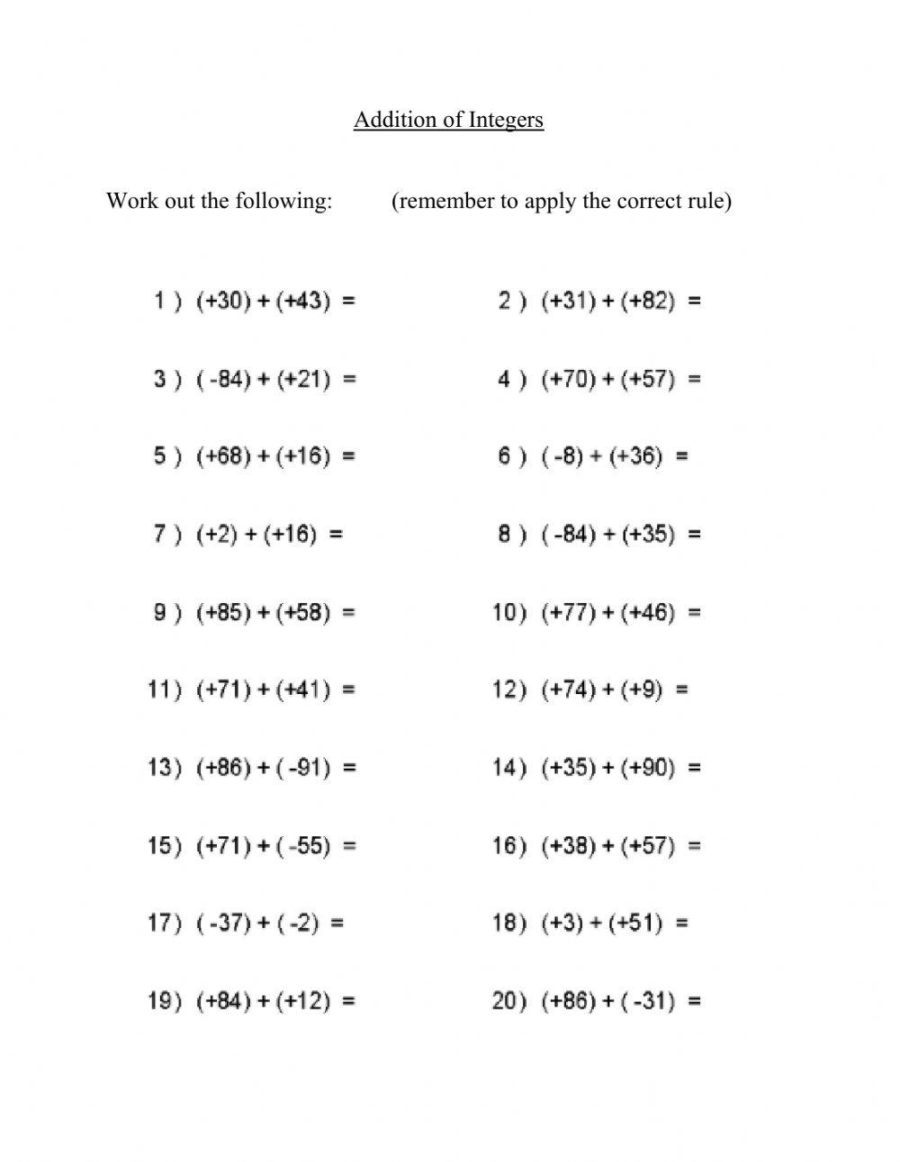 Adding Integers Worksheet