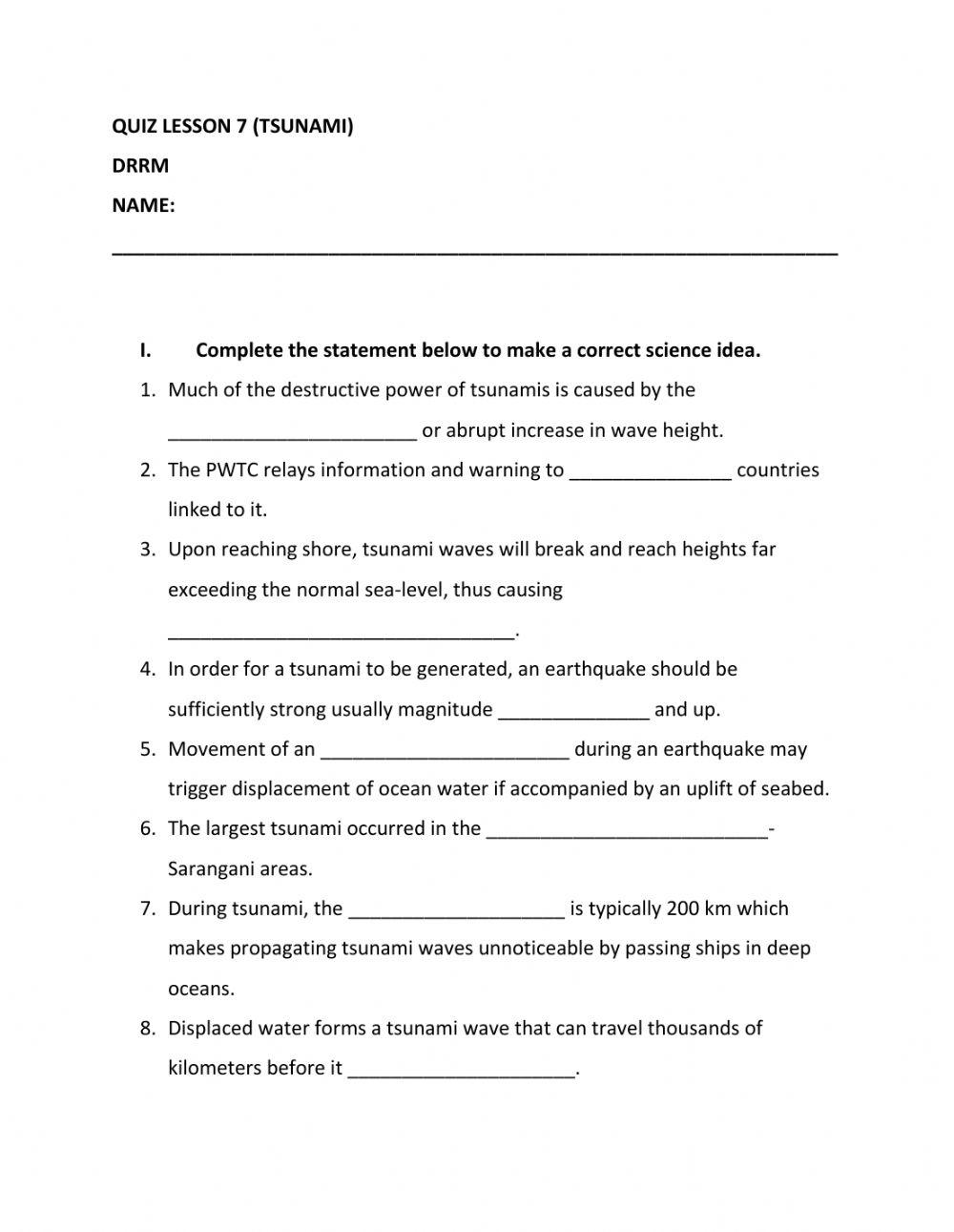 Tsunami | Free Interactive Worksheets | 438305