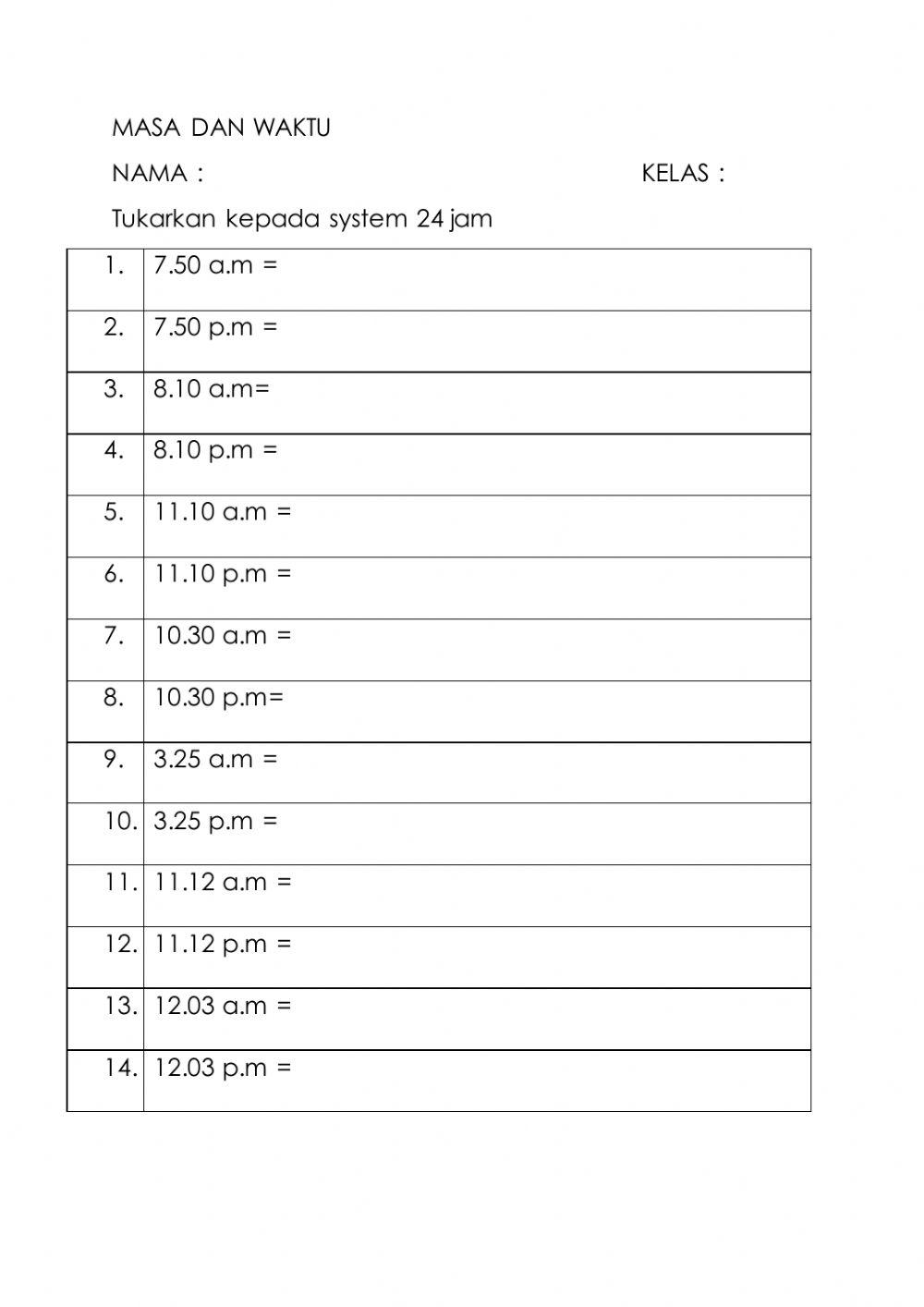 Masa dan waktu online worksheet for Grade 4 | Live Worksheets