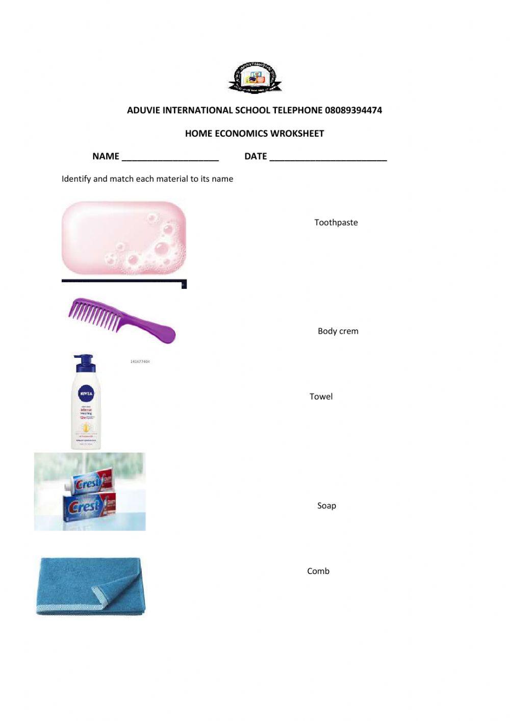worksheet on on materials use in taking care of the body online ...