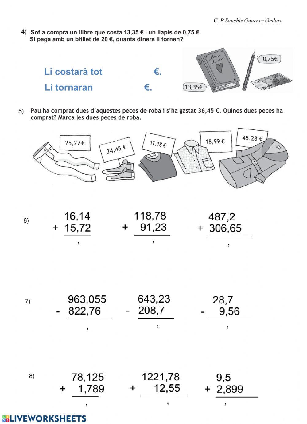 Sumes i restes decimals - practica per la prova! online exercise for ...