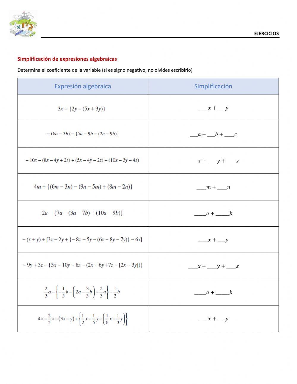 Simplificación expresiones algebraicas worksheet | Live Worksheets