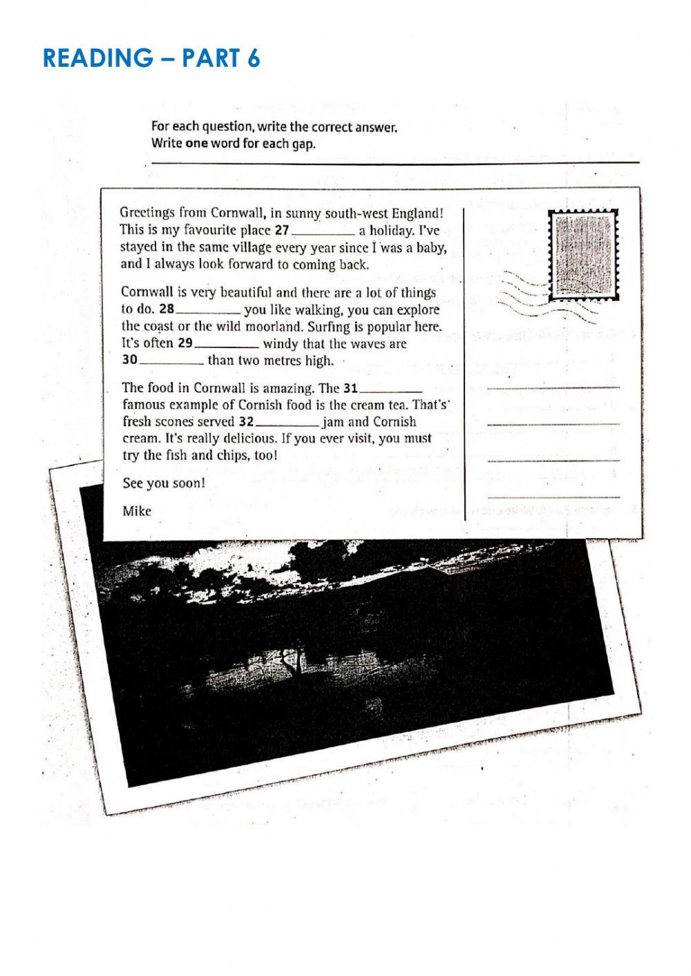 PET Reading Par… | Free Interactive Worksheets | 6163525